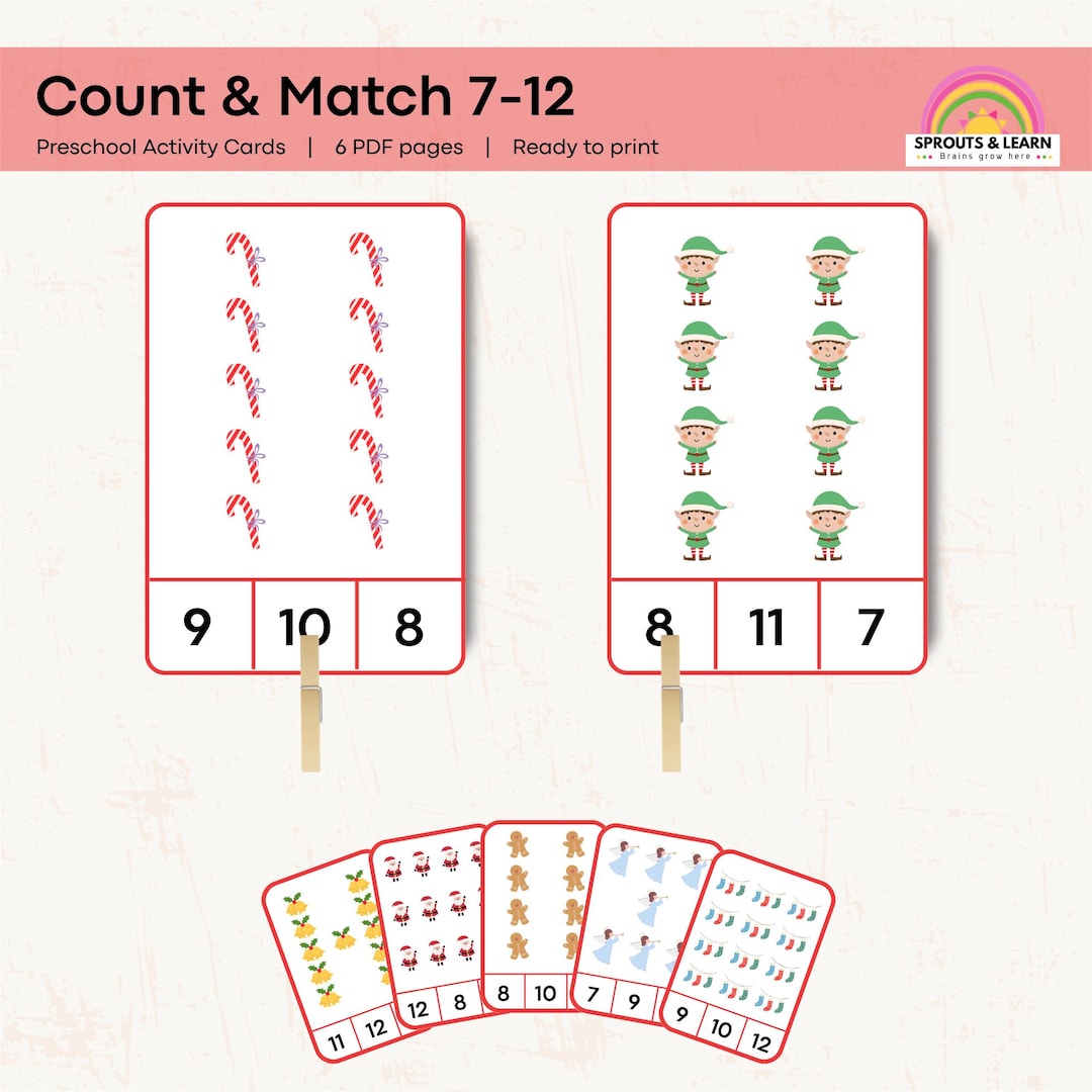 Count and Match Numbers 7-12 Printable | Preschool Christmas Theme Clip ...