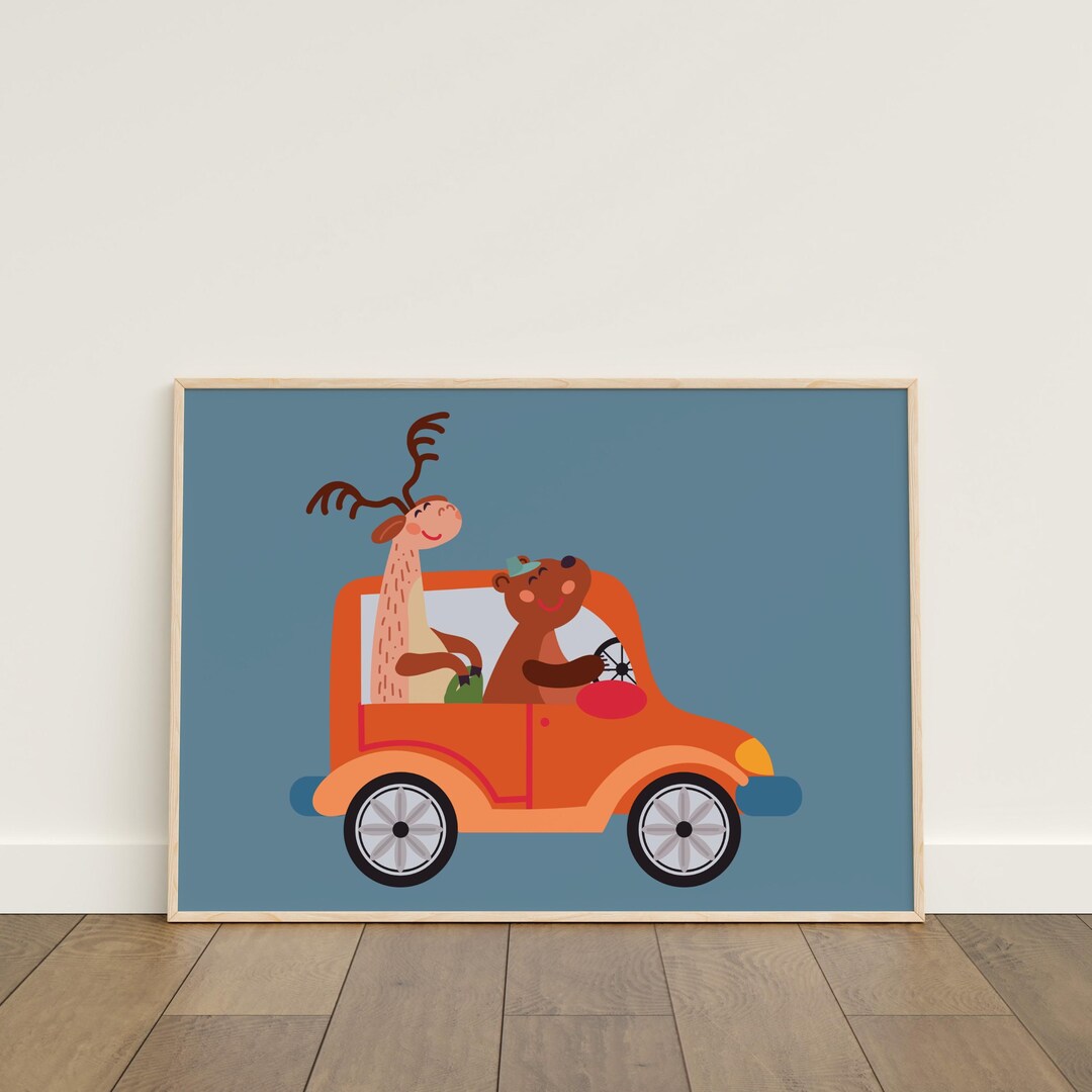 Driving Bear & Moose Nursery Wall Decor, Cute Adventure Art, Printable ...