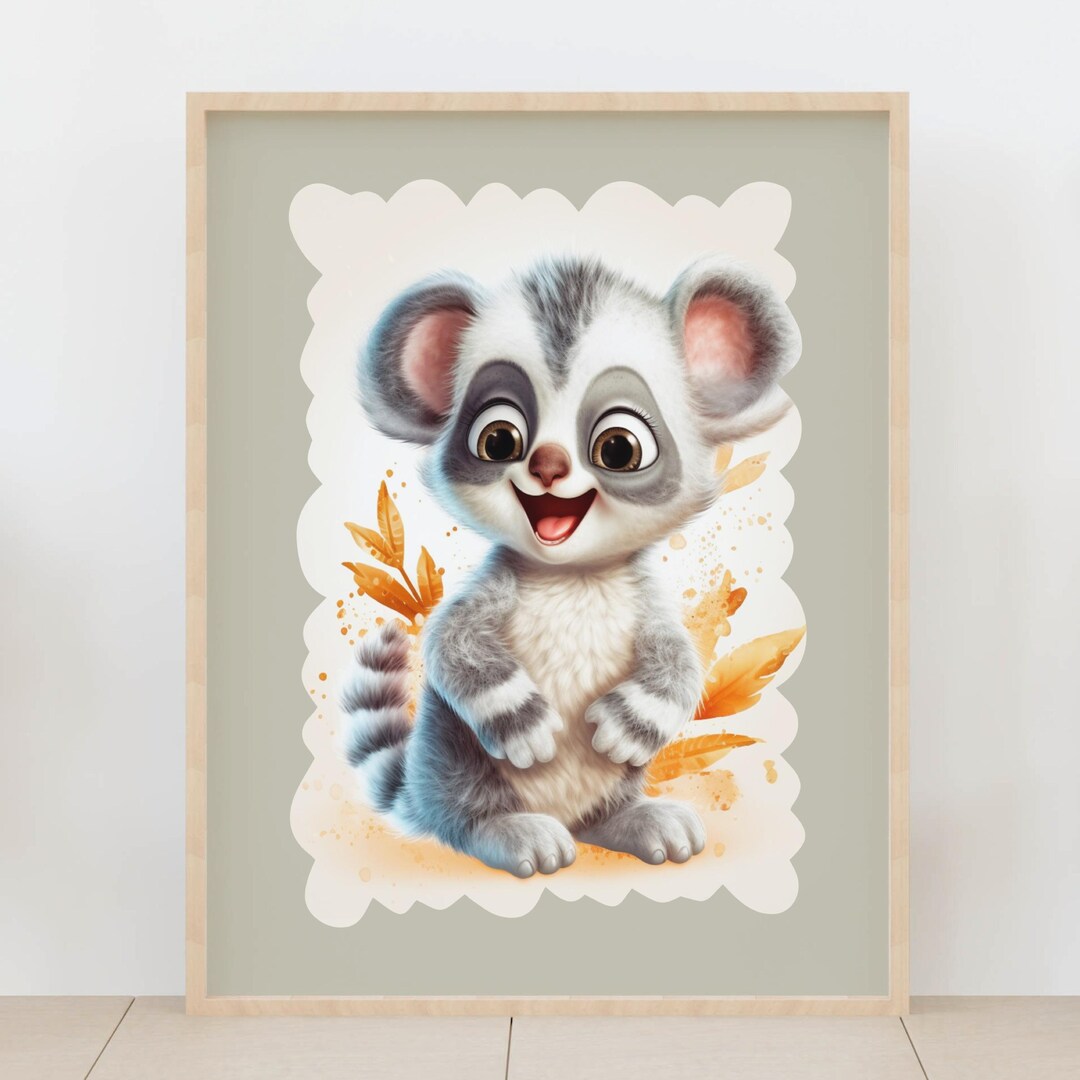 Watercolor Cute Baby Ring-tailed Lemur Art | Jungle Animal Nursery ...