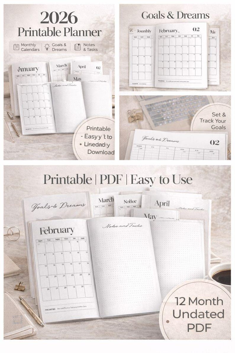 Printable 2026 Planner | A4 & Letter PDF | Minimalist Monthly Calendar ...