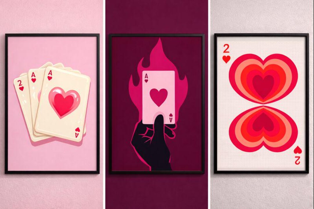 Valentine Playing Cards Wall Art Set of 3 Printable Love Posters Pink ...