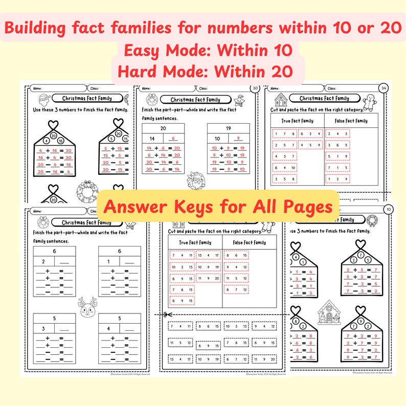 Christmas Fact Family Worksheet - Addition & Subtraction Within 10 and ...
