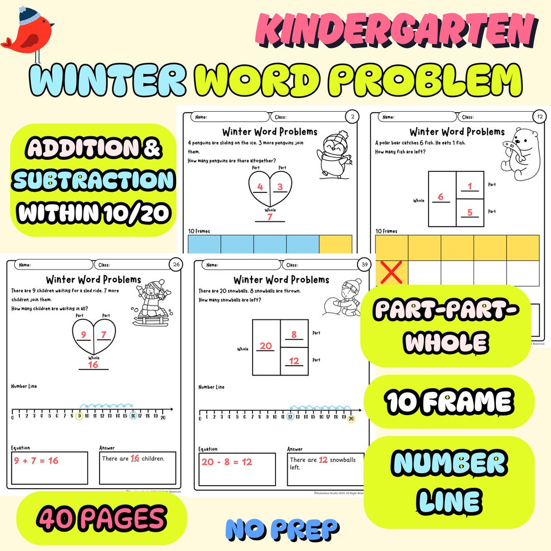 Winter Word Problem Worksheet | Addition and Subtraction | Part–part ...