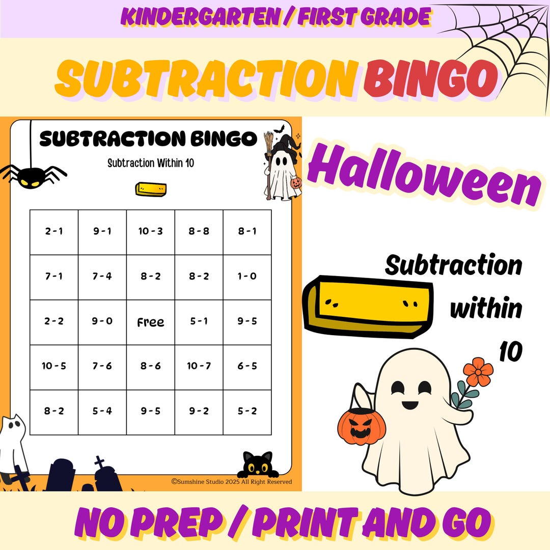 Halloween Subtraction Bingo | Subtraction Within 10 | Kindergarten and ...
