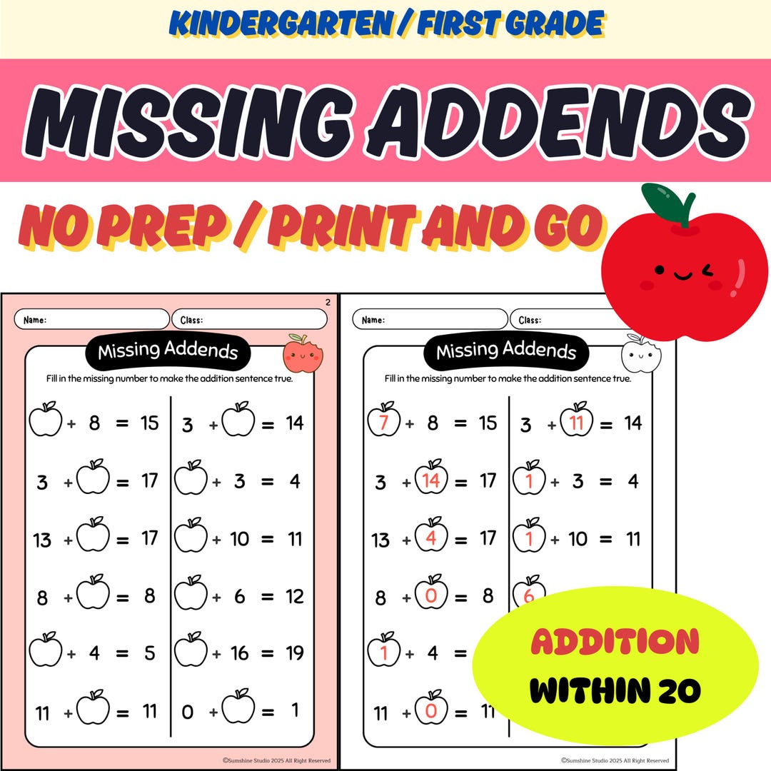 Apple Missing Addends Worksheets | Practice Addition Within 20 ...