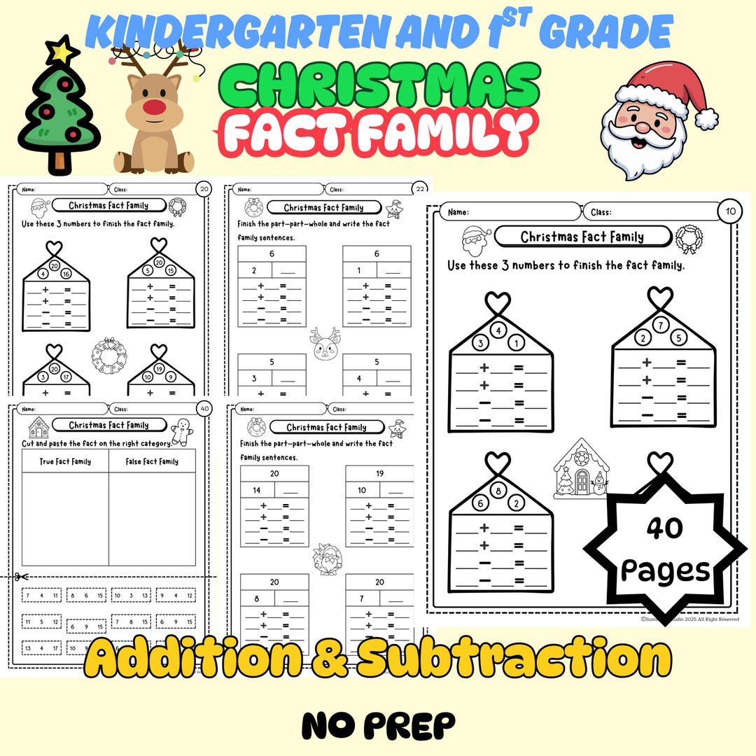 Christmas Fact Family Worksheet - Addition & Subtraction Within 10 and ...