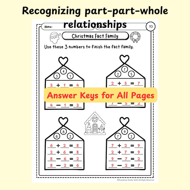 Christmas Fact Family Worksheet - Addition & Subtraction Within 10 and ...