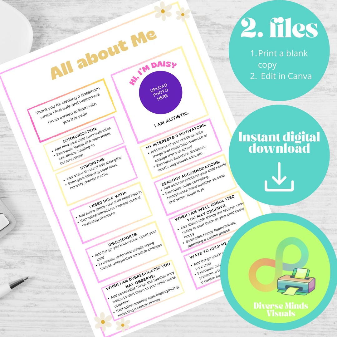 Autistic Kids Introduction Template - All About Me Printable (digital ...
