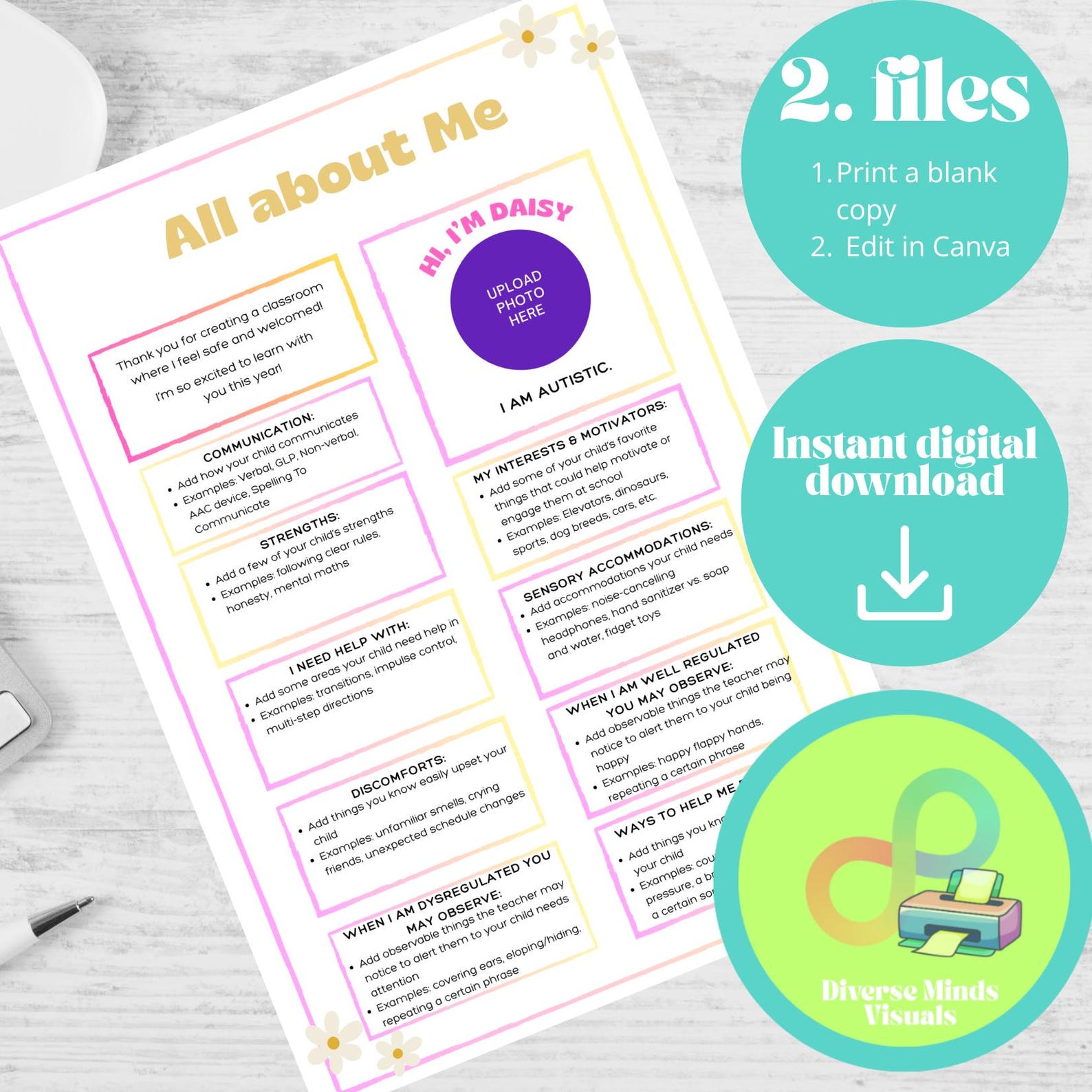 Autistic Kids Introduction Template - All About Me Printable (digital ...