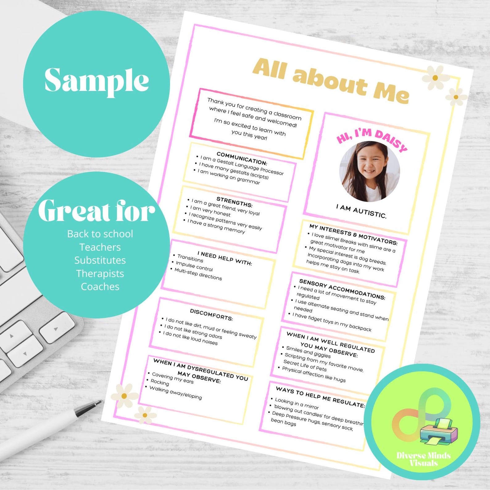 Autistic Kids Introduction Template - All About Me Printable (digital ...