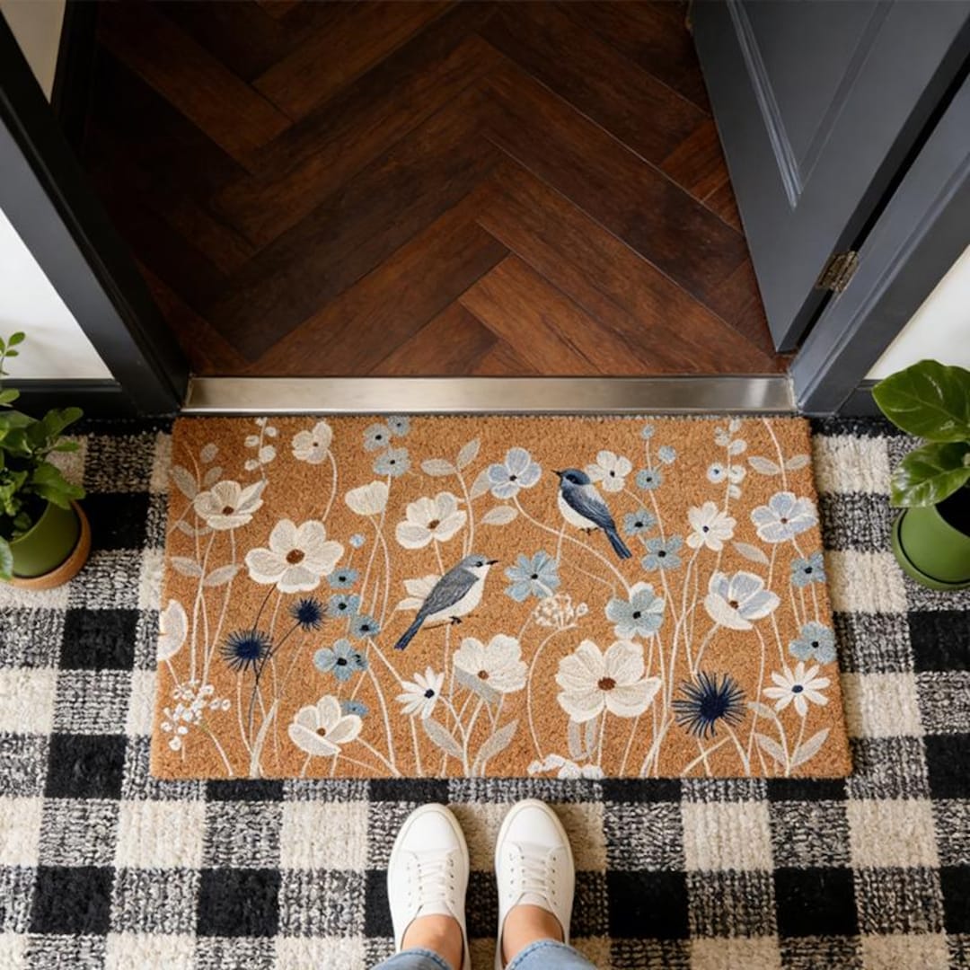 Floral Door Mat,wildflower Pattern Doormat,birds Welcome Mat,entry Mat ...