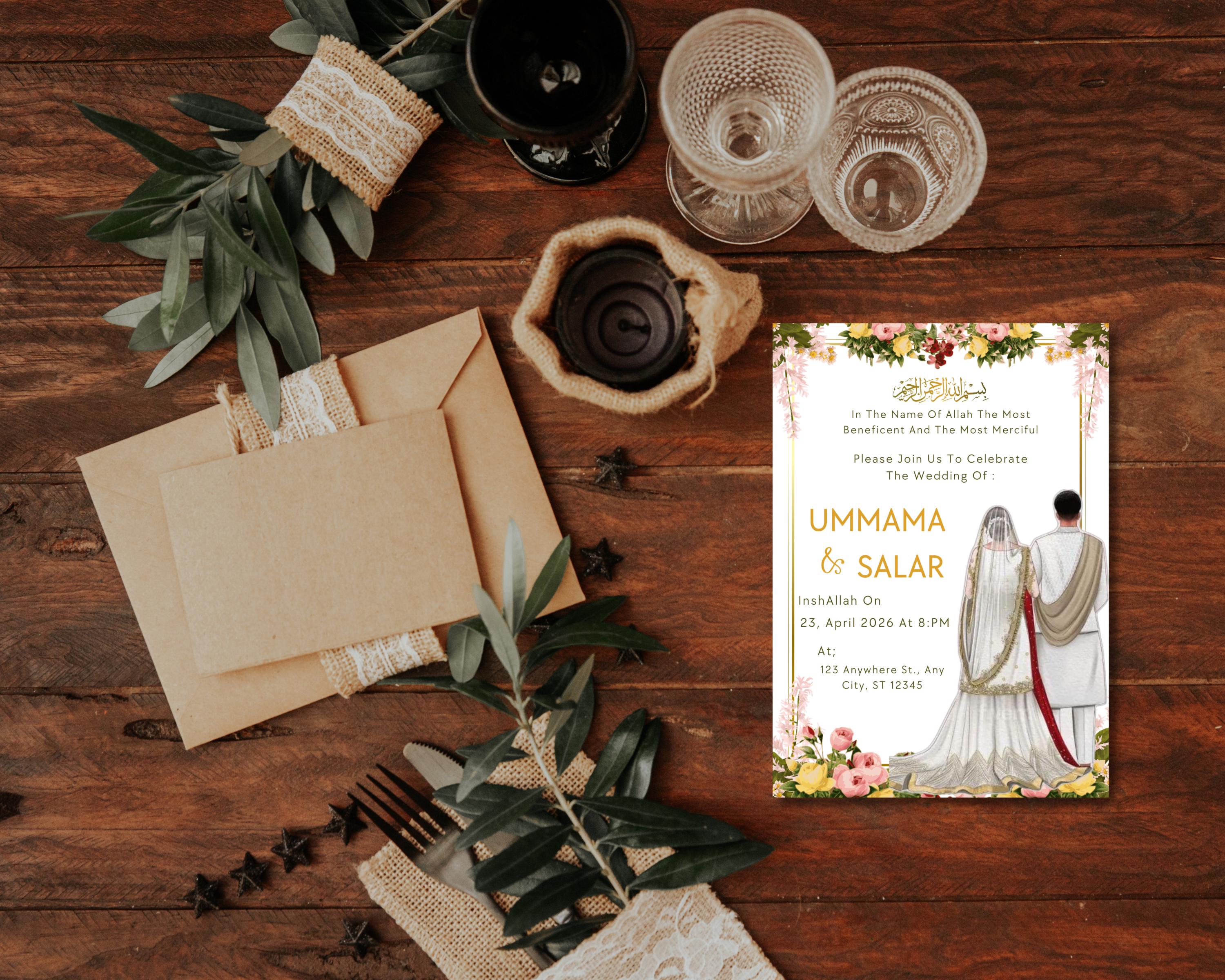 Elegant Islamic Nikkah Invitation: Customizable Floral Wedding Card ...