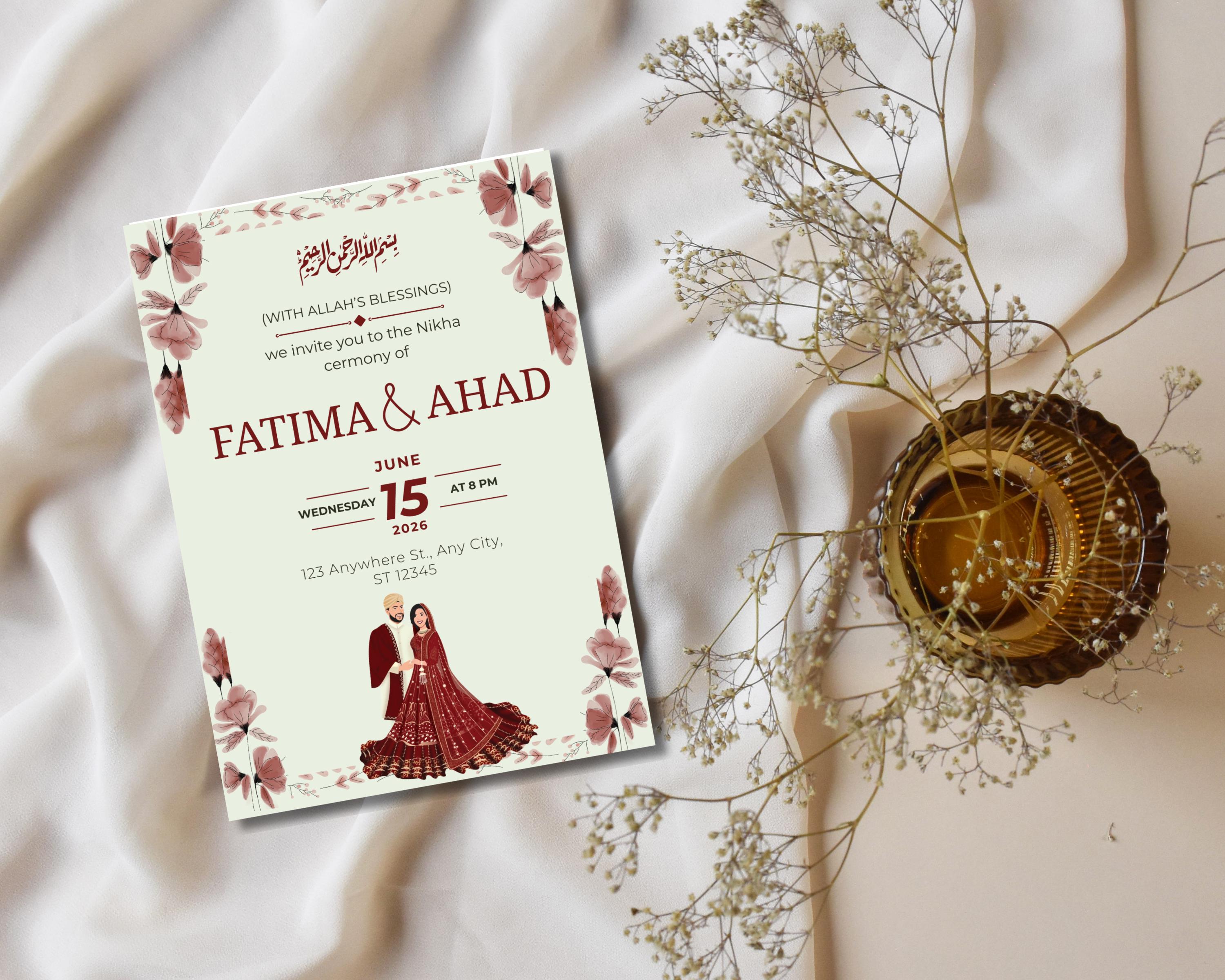 Elegant Floral Islamic Nikah, Walima & Mehndi Invitation Template ...