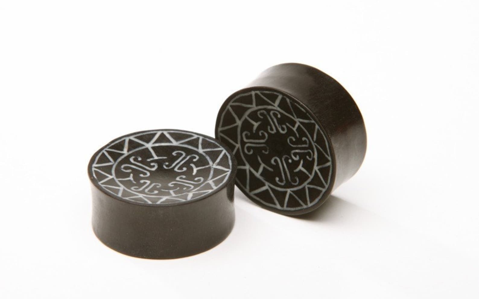 Ebony Wood Plugs With Inlayed Tribal Pattern - 0g, 00g, 7/16", 1/2", 9/ ...
