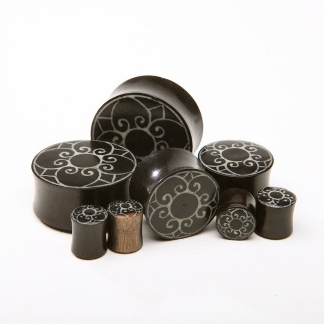 Ebony Wood Plugs With Inlayed Flower - Reversible Solid Black on the ...
