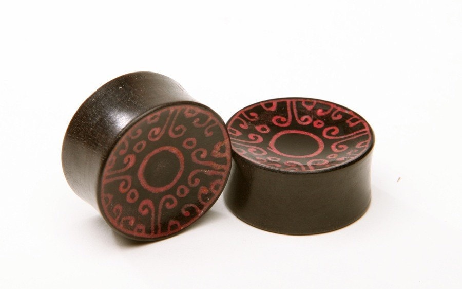 Ebony Wood Plugs With Red Inlayed Circle Pattern 2g 0g | Etsy
