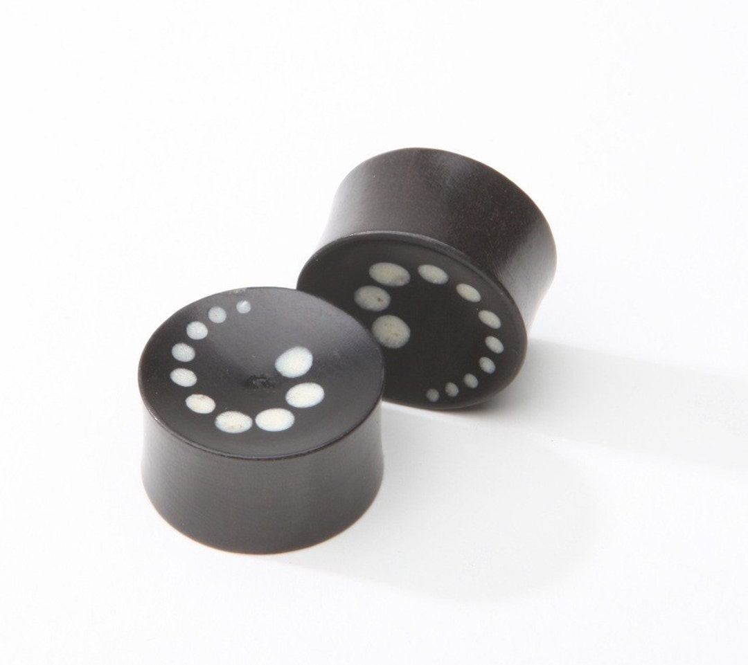 Ebony Wood Plugs With Inlayed Dot Spirals -2g, 00g, 7/16", 1/2", 9/16 ...