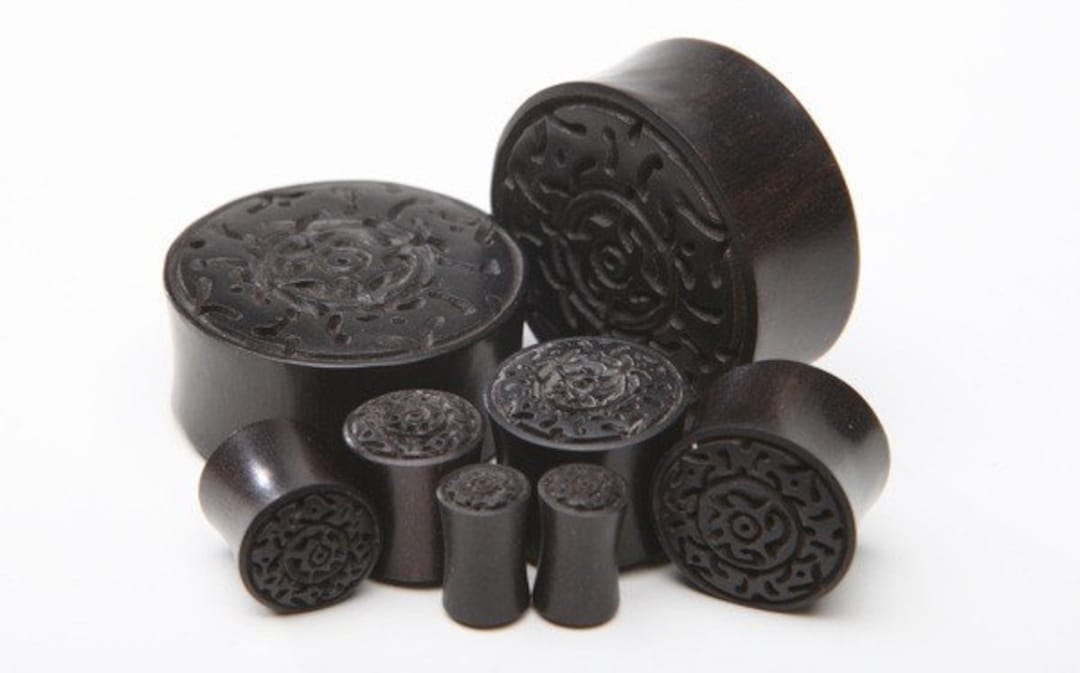 Ebony Wood Plugs With Carved Design - Etsy