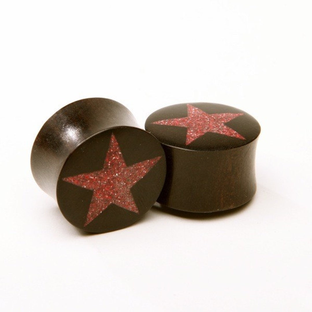 Ebony Wood Plugs Inlayed With a Red Star 0ga, 7/16", 1/2", 9/16". 5/8 ...