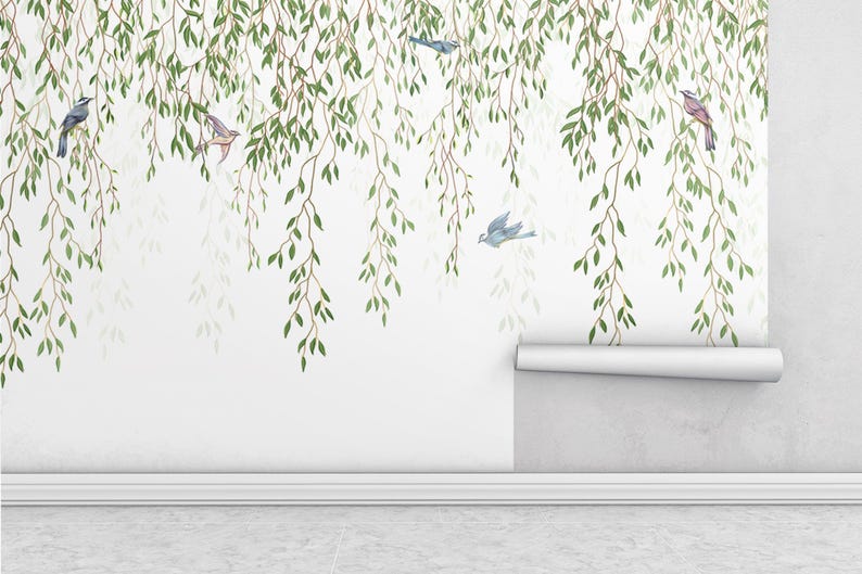 Willow Leaves Wall Mural, Hanging Vines and Birds Wallpaper, Botanical ...