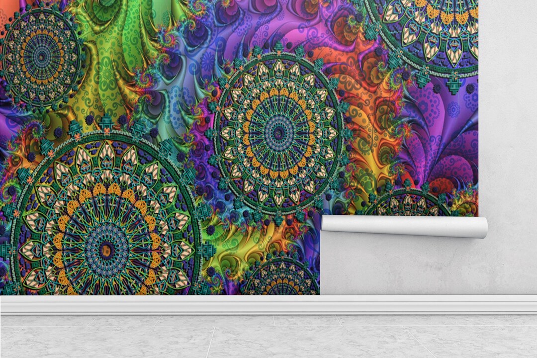 Psychedelic Mandala Wall Mural, Rainbow Abstract Pattern Wallpaper ...