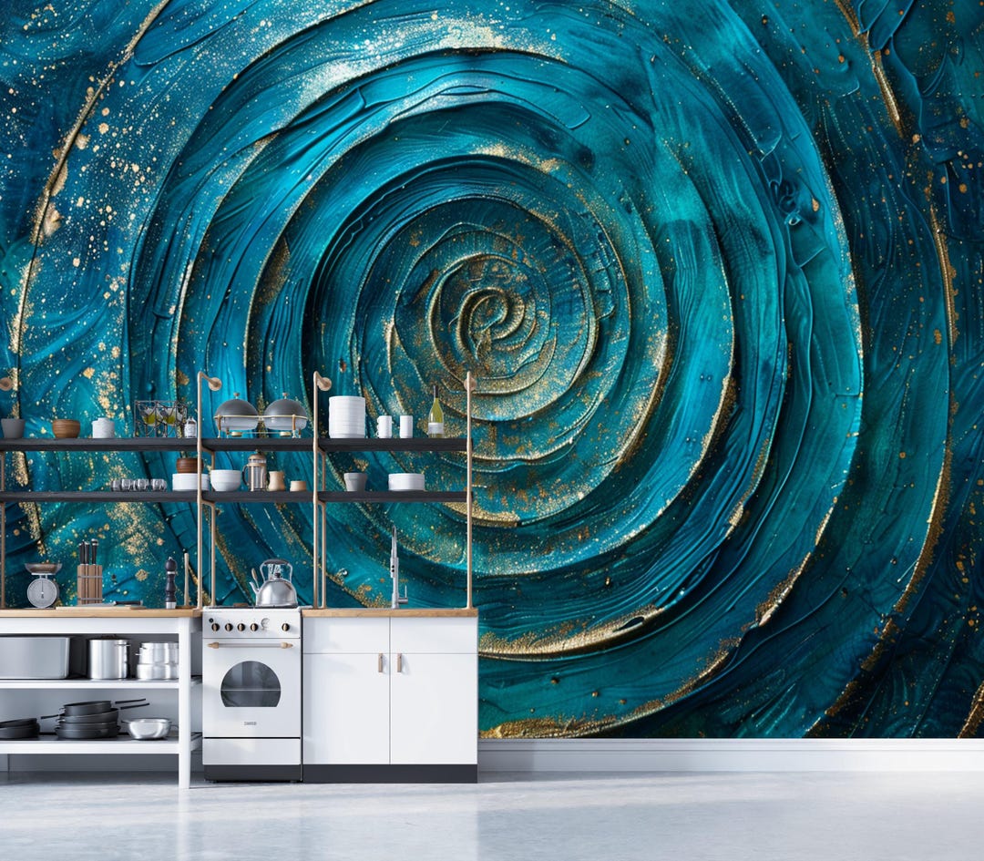 Teal Spiral Abstract Wallpaper Mural, Modern Metallic Wall Art With ...