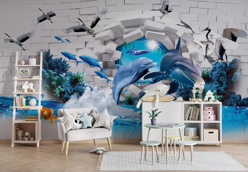 3D Ocean Dolphin Wall Mural, Underwater Aquarium Wallpaper With Flying ...