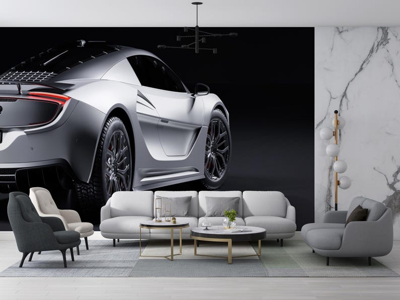 Silver Supercar Wall Mural, Luxury Sports Car Wallpaper, Modern Garage ...