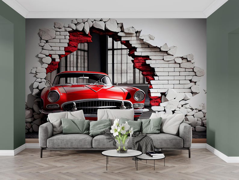3D Car Wall Mural, Classic Red Sports Car Wallpaper, Garage Theme Wall ...