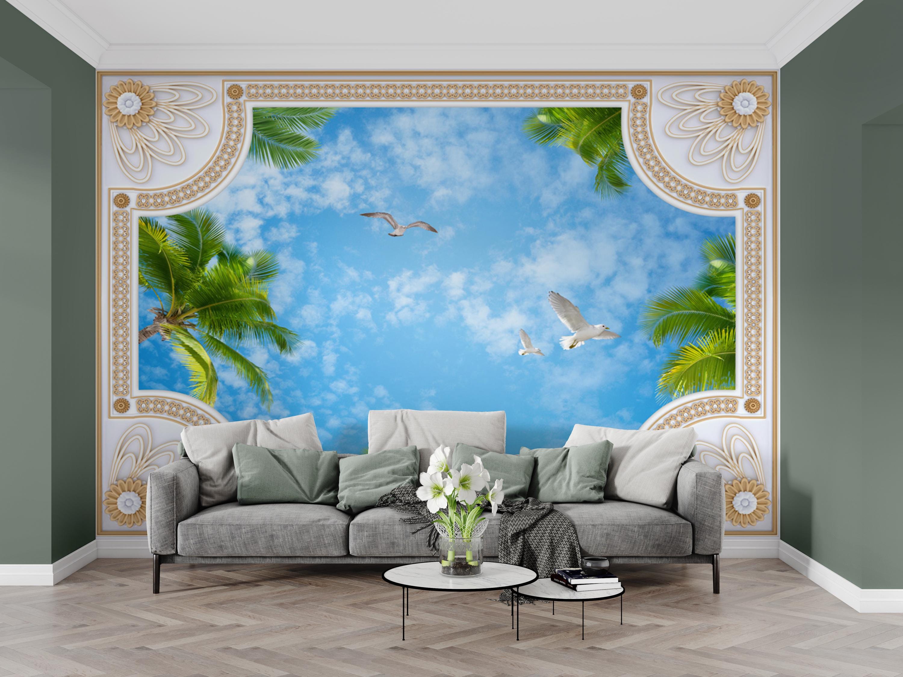 Tropical Sky Mural Wallpaper, Blue Sky Seagull Design, Palm Tree Wall ...