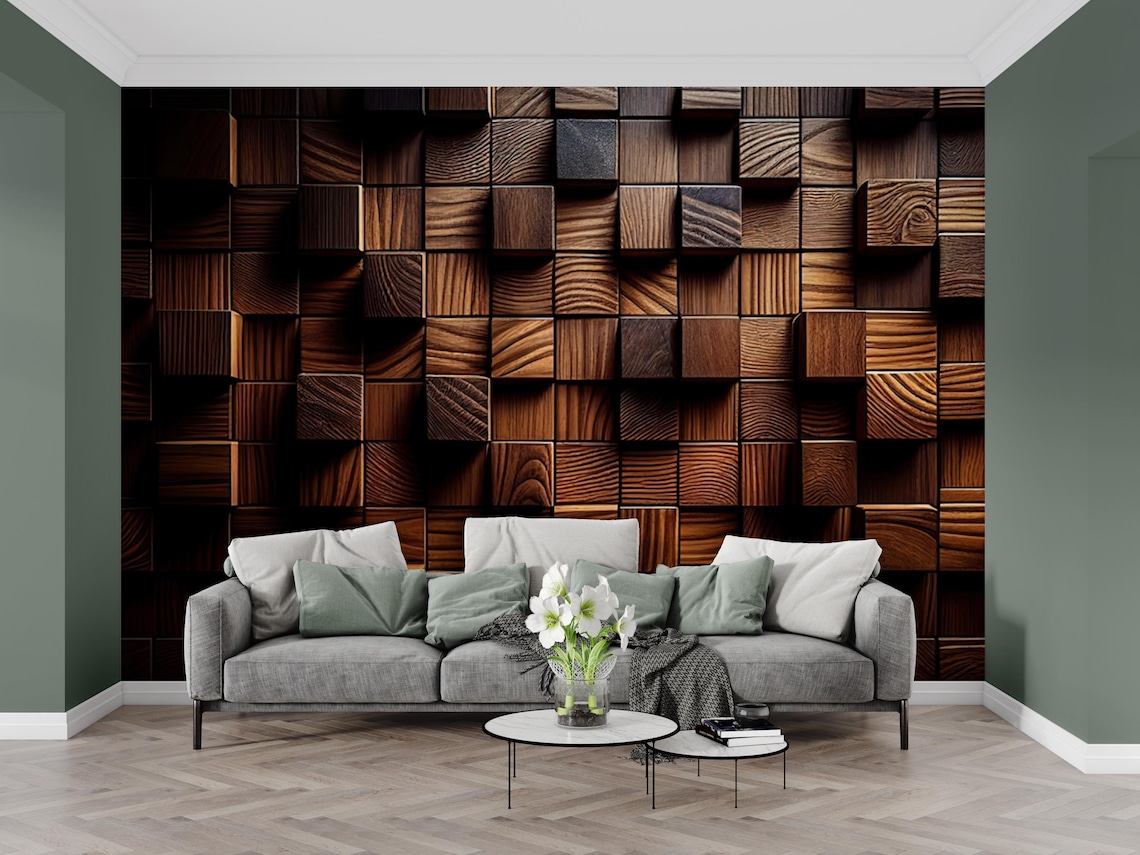 3D Wood Panel Wallpaper, Modern Rustic Wall Mural, Brown Wooden Cube ...
