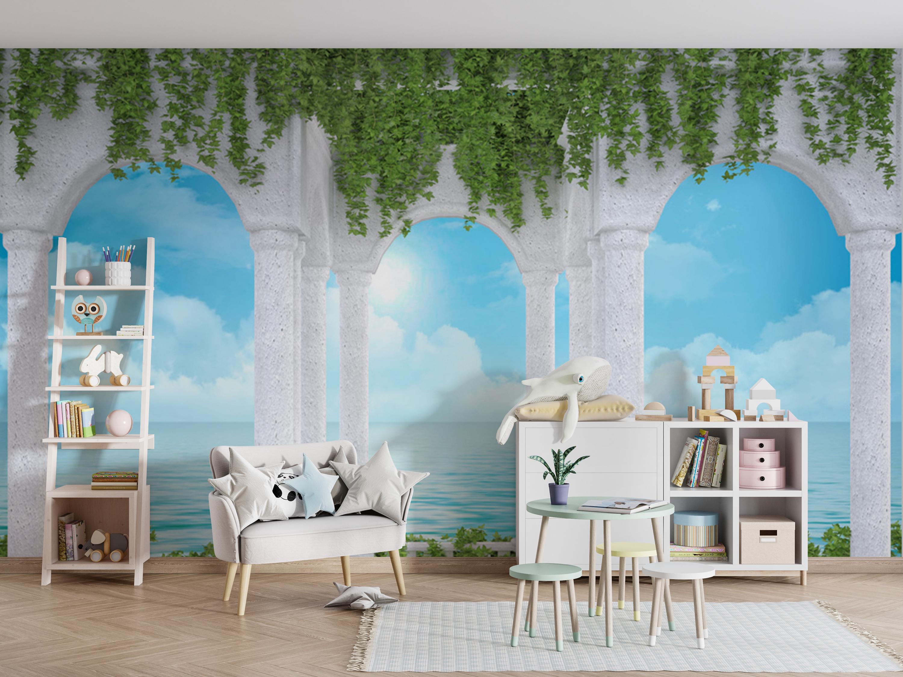 Ocean View Wall Mural, Balcony Arch Seaside Wallpaper, Blue Sky and ...