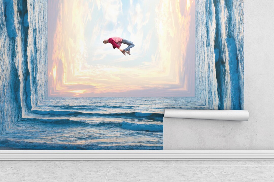 3D Ocean Illusion Wall Mural, Surreal Flying Man Wallpaper, Trippy ...