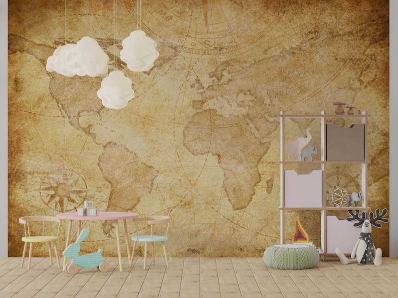 Vintage World Map Wallpaper, Old Atlas Mural Wall Art, Antique Nautical ...