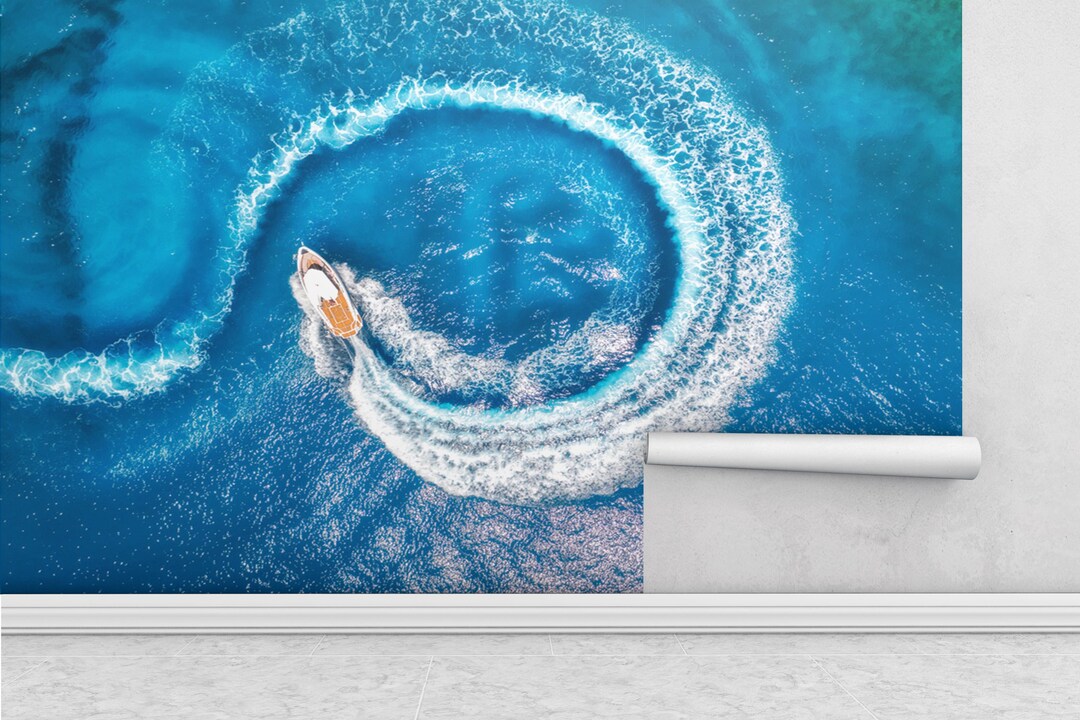 Aerial Ocean View Boat Mural Wallpaper, Modern Blue Sea Wall Art, Yacht ...