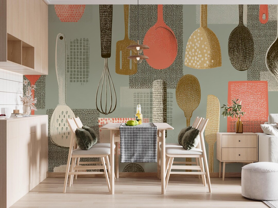 Modern Kitchen Utensil Wallpaper, Pastel Cooking Tools Mural, Retro ...