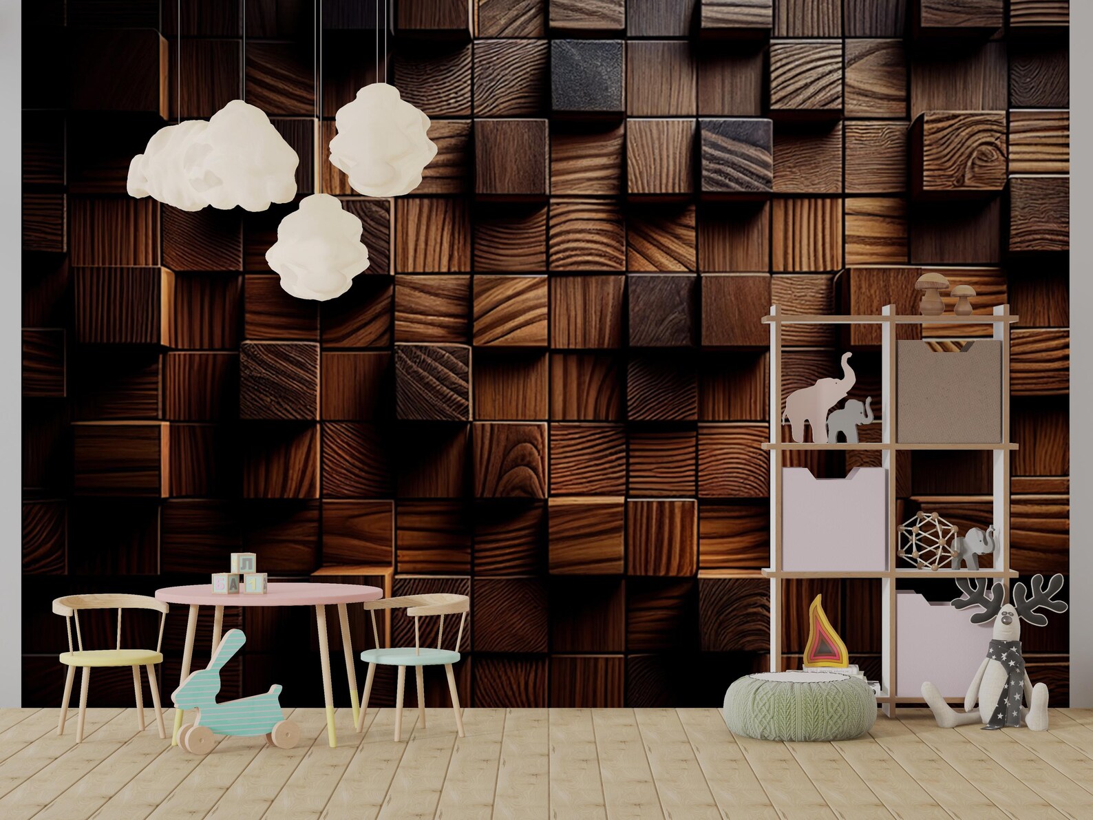 3D Wood Panel Wallpaper, Modern Rustic Wall Mural, Brown Wooden Cube ...