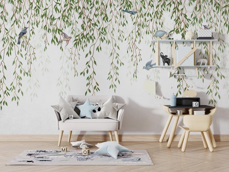 Willow Leaves Wall Mural, Hanging Vines and Birds Wallpaper, Botanical ...