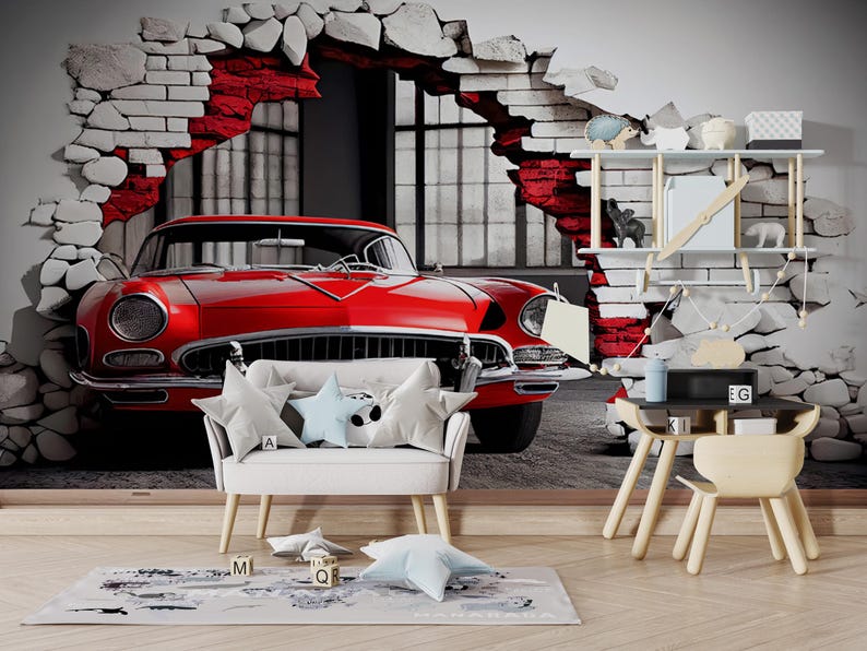 3D Car Wall Mural, Classic Red Sports Car Wallpaper, Garage Theme Wall ...