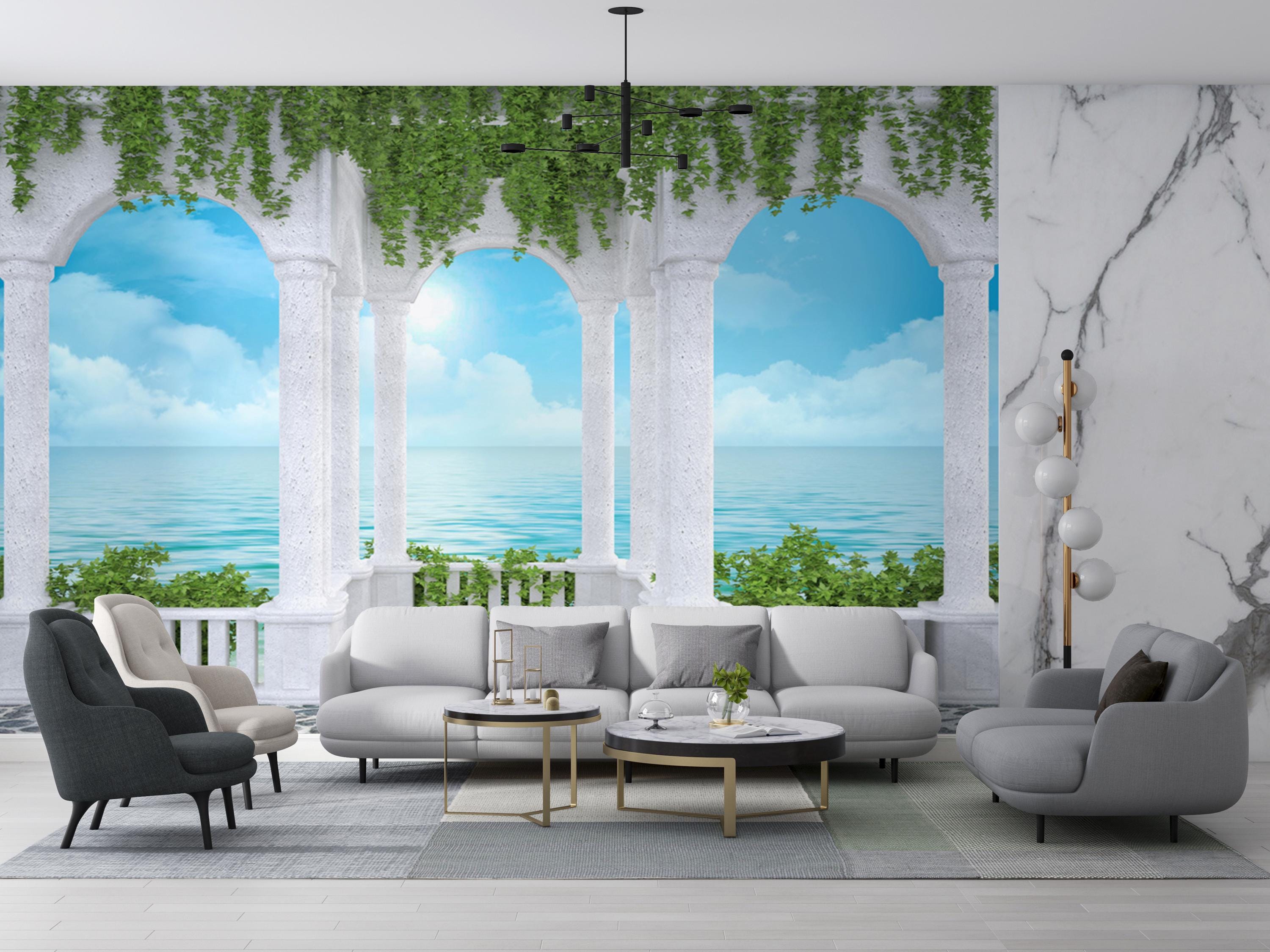 Ocean View Wall Mural, Balcony Arch Seaside Wallpaper, Blue Sky and ...