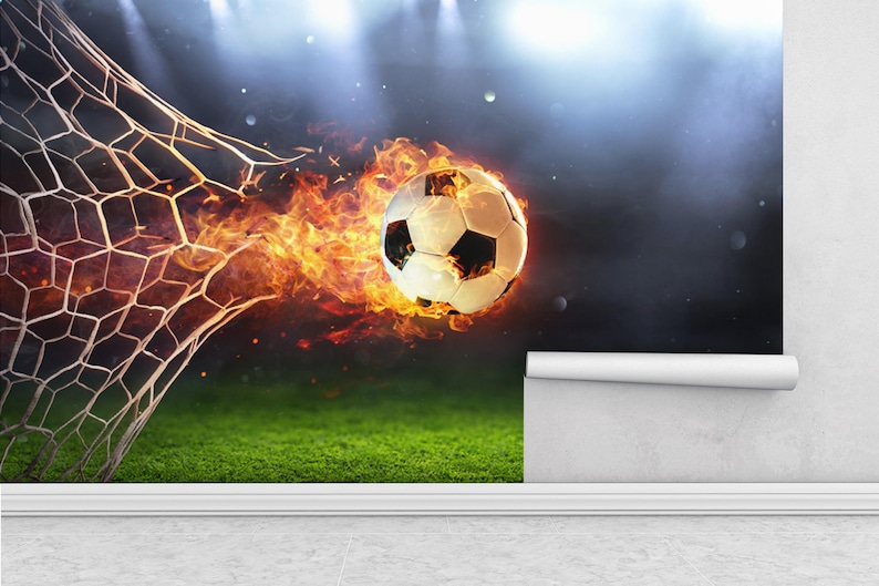 Soccer Wall Mural for Kids, Flaming Football Goal Print, Sports Theme ...