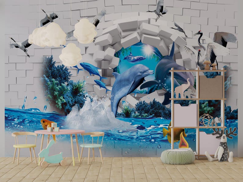 3D Ocean Dolphin Wall Mural, Underwater Aquarium Wallpaper With Flying ...