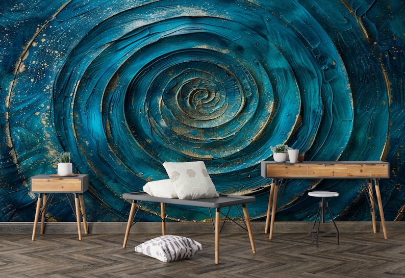 Teal Spiral Abstract Wallpaper Mural, Modern Metallic Wall Art With ...