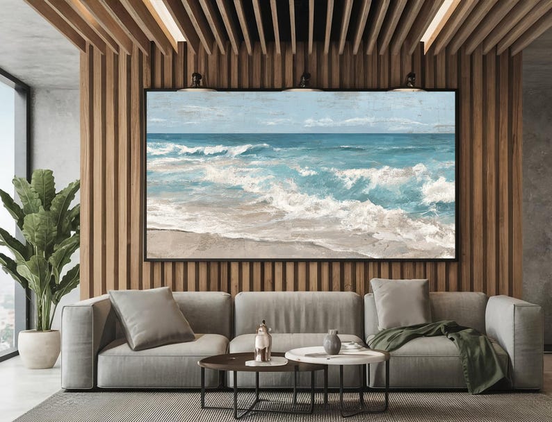 Coastal Ocean Wave Wallpaper Mural, Blue Sea Wall Art, Modern Beach ...