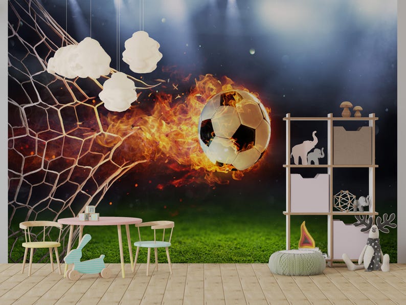 Soccer Wall Mural for Kids, Flaming Football Goal Print, Sports Theme ...