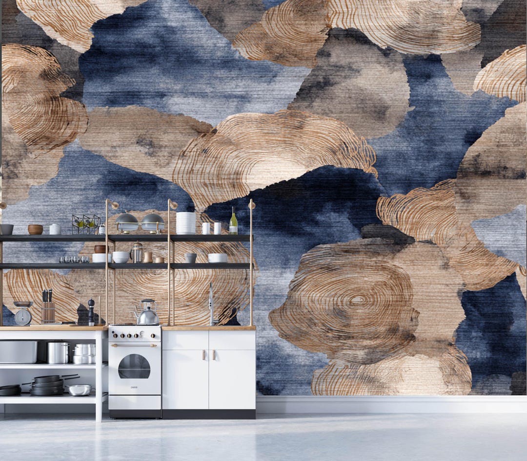 Blue Abstract Wood Texture Wallpaper Mural, Modern Navy and Beige Wall ...