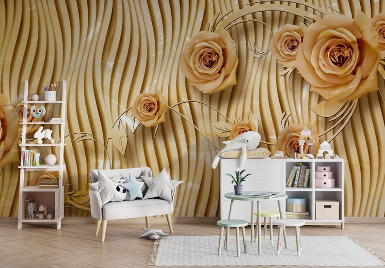 3D Rose Wall Mural, Golden Floral Wallpaper, Luxury Elegant Roses ...