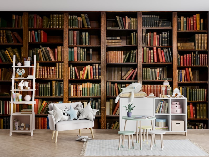 Vintage Library Bookshelf Wallpaper Mural, Realistic Old Book Wall Art ...