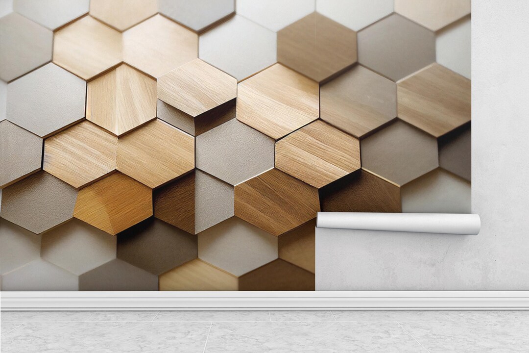 3D Hexagon Wall Mural, Modern Geometric Wallpaper, Wooden Honeycomb ...