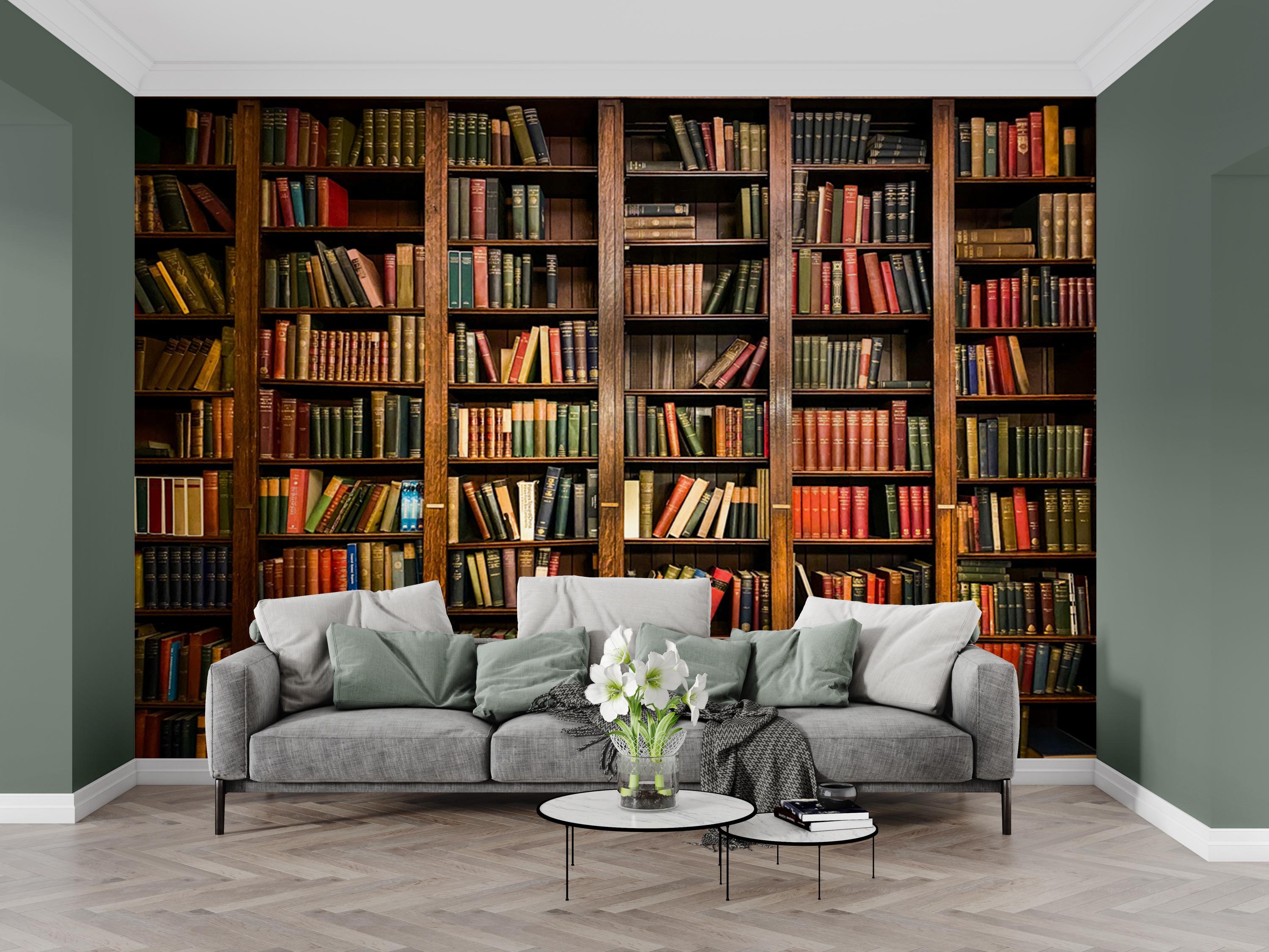Vintage Library Bookshelf Wallpaper Mural, Realistic Old Book Wall Art ...